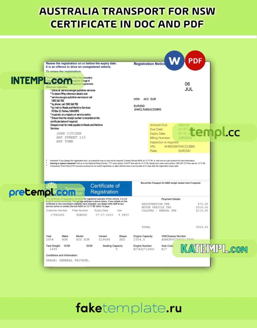 Australia Transport for NSW Registration certificate Word and PDF ...