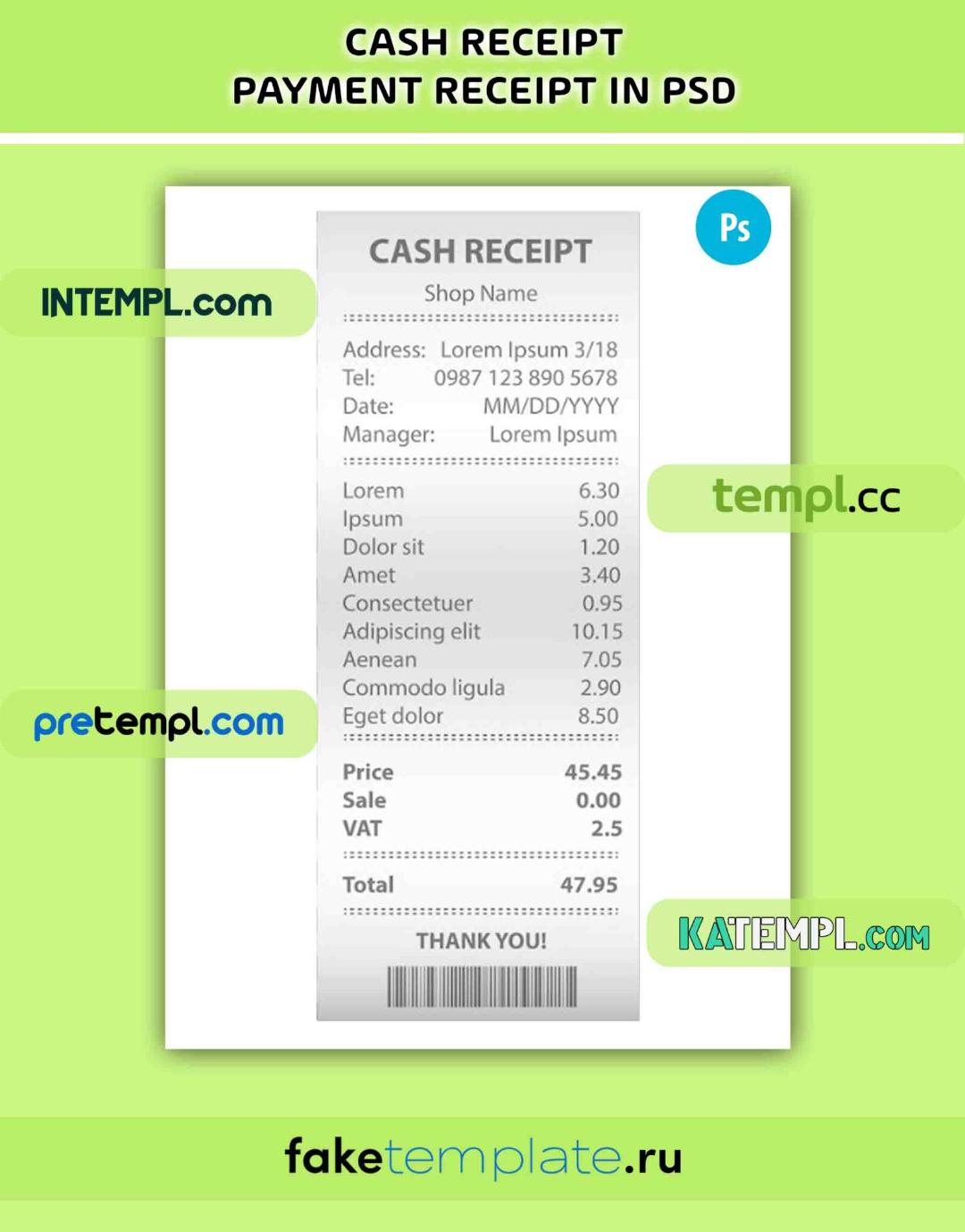 CASH receipt sample PSD download template