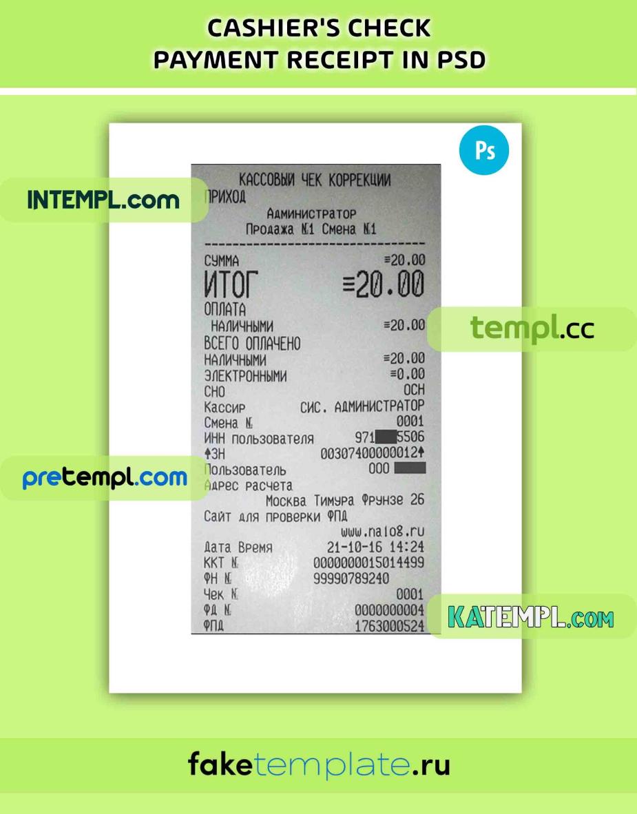 CASHIER'S CHECK payment receipt PSD download template