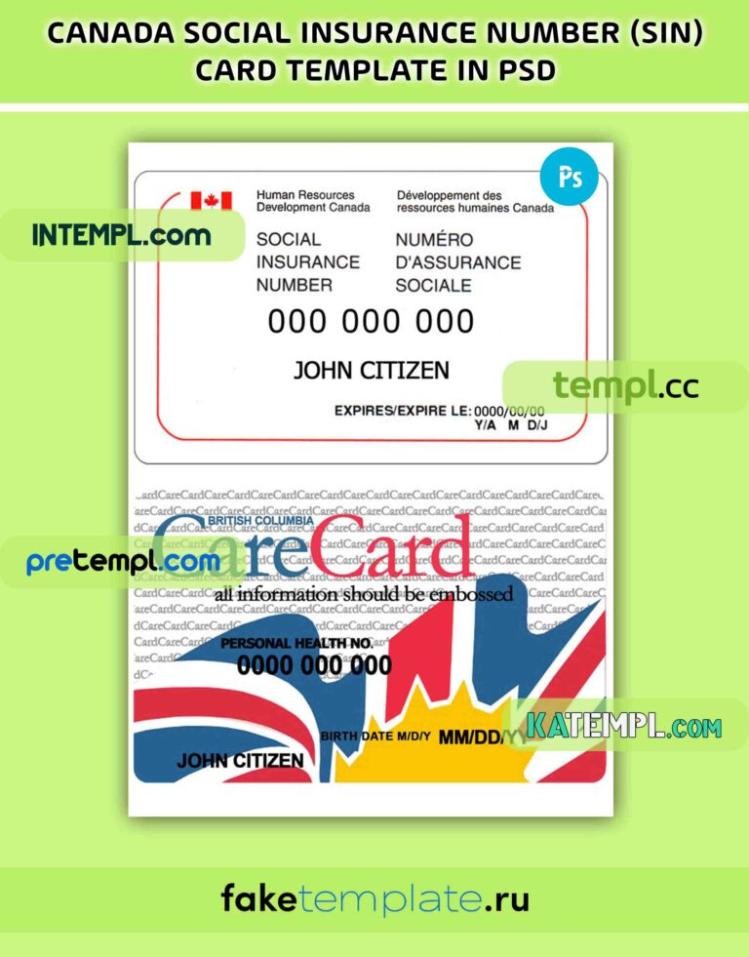 Canada social insurance number (SIN) card PSD download template
