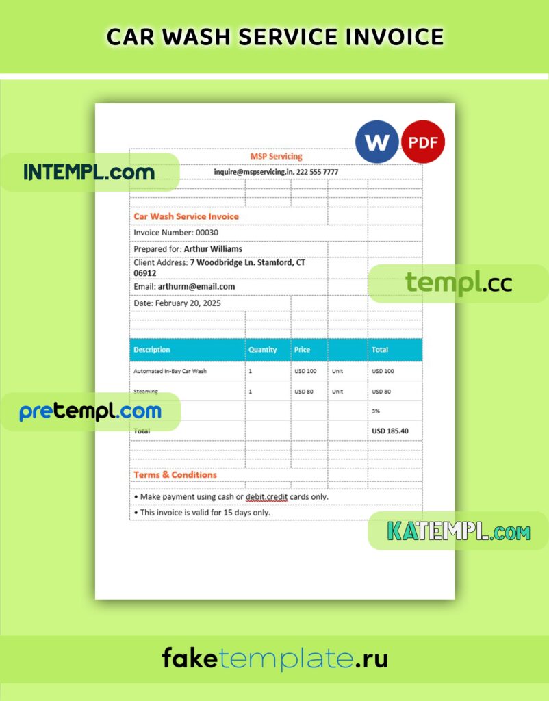 car wash service invoice Word and PDF download template
