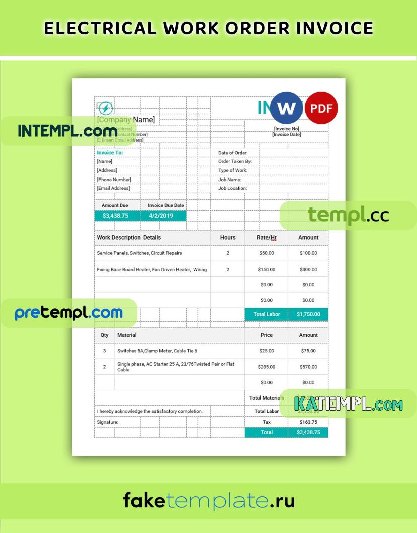 Electrical Work Order Invoice Word and PDF download template
