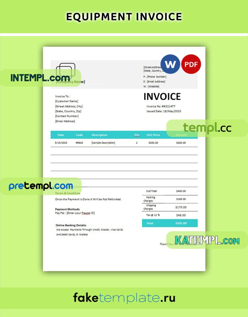 Equipment Invoice Word and PDF download template