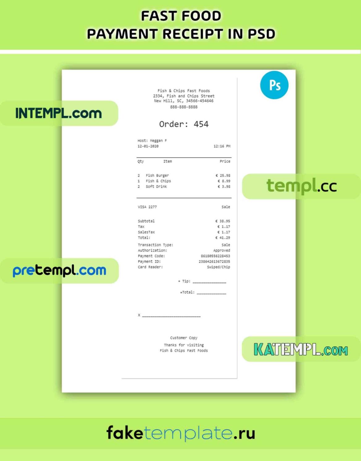 FAST FOOD payment receipt PSD download template