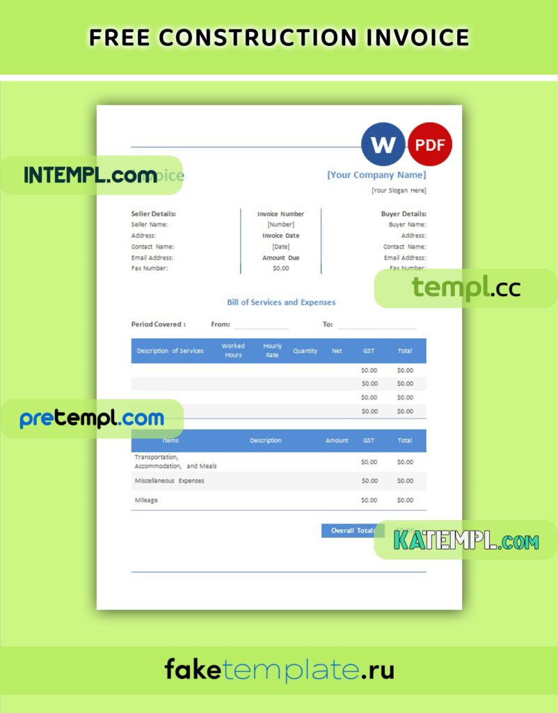 Free Construction Invoice Word and PDF download template – Intempl