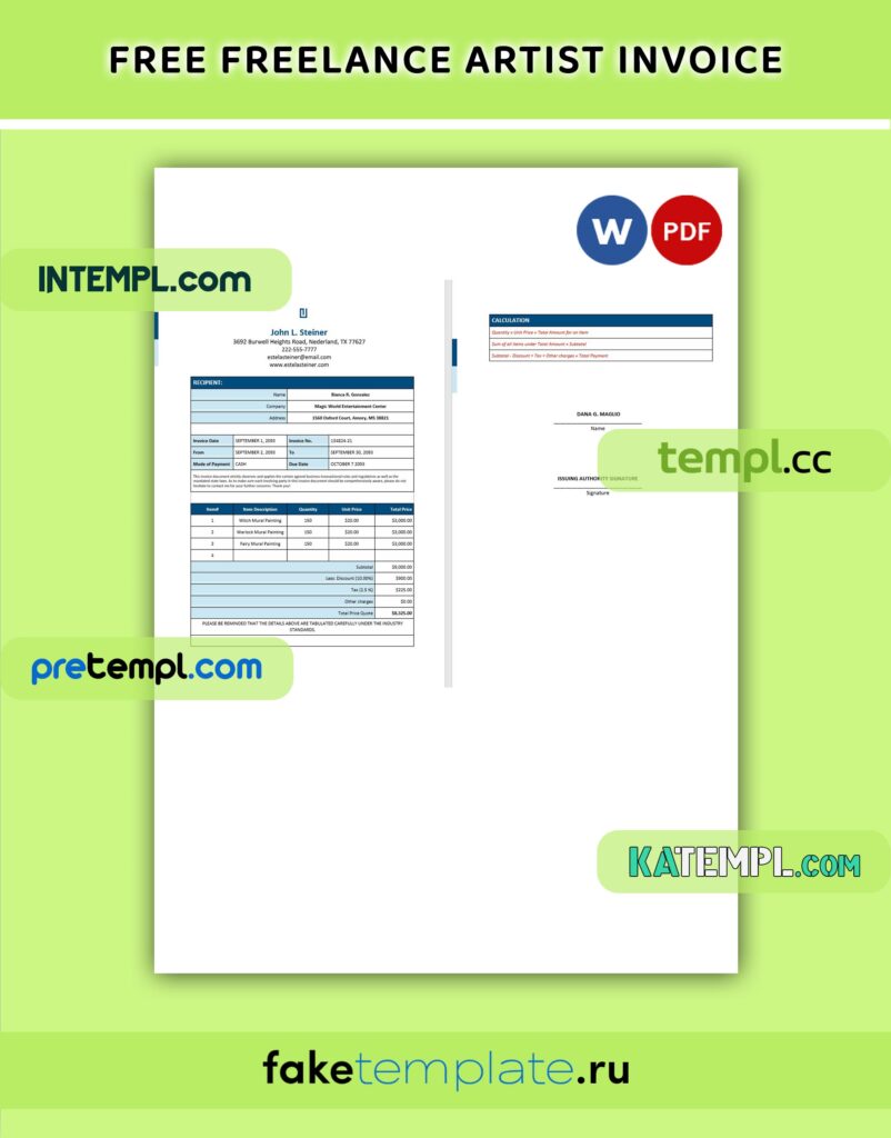 Free Freelance Artist Invoice Word and PDF download template