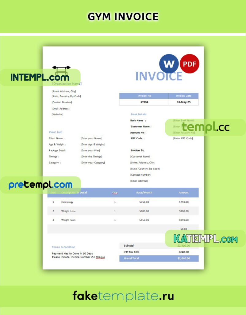 Gym Invoice Word and PDF download template – Intempl