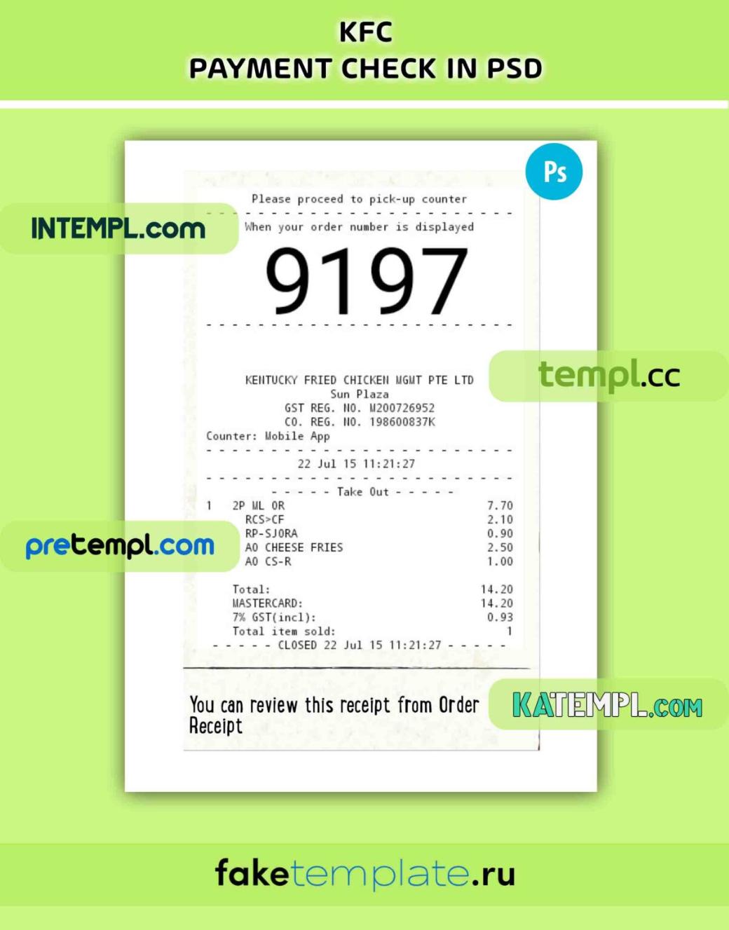 KFC payment check PSD download template