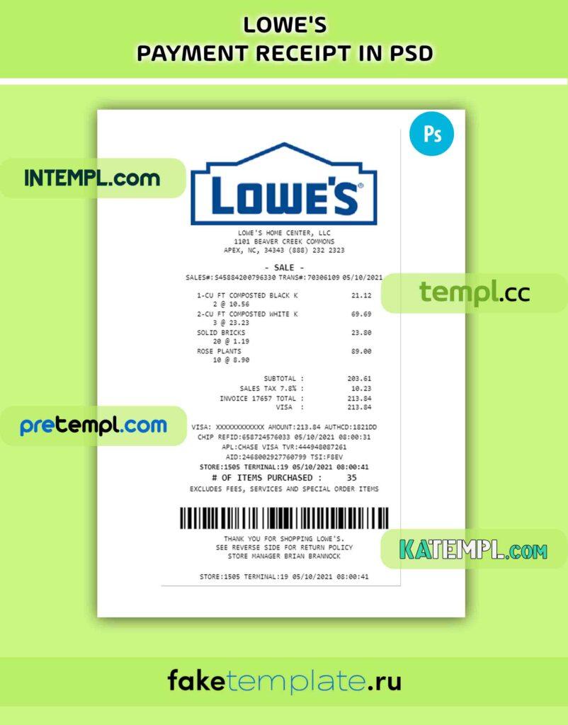 LOWE'S payment receipt PSD download template
