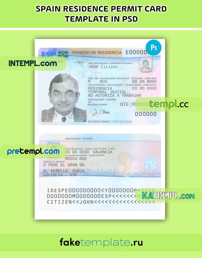 Spain residence card PSD download template – Intempl
