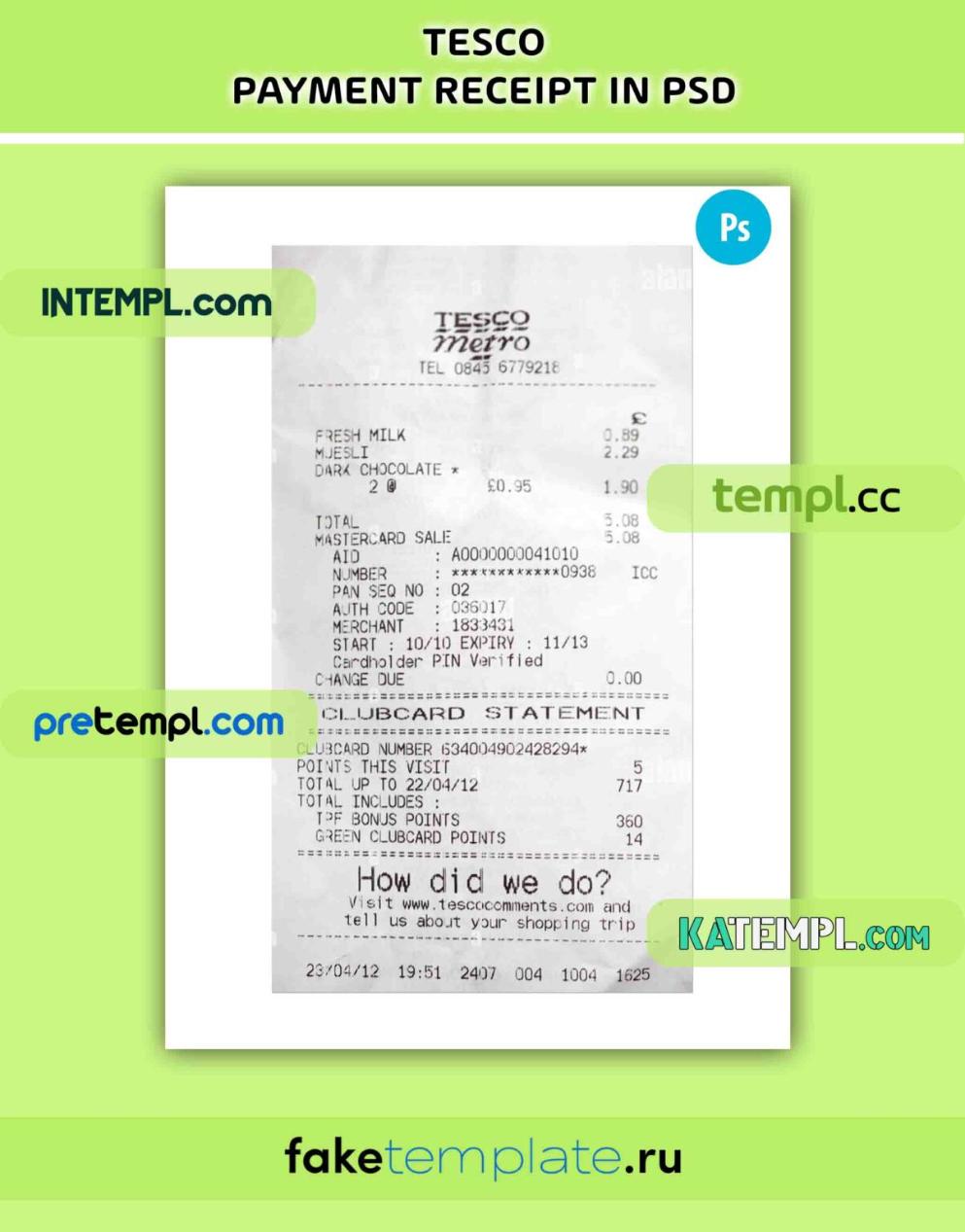 TESCO payment receipt PSD download template – Intempl