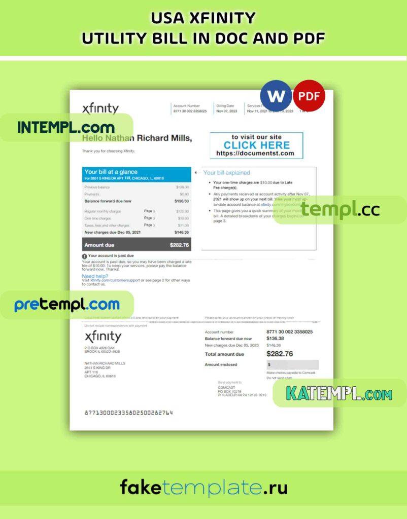 USA XFINITY utility bill, PDF and Word download template – Intempl