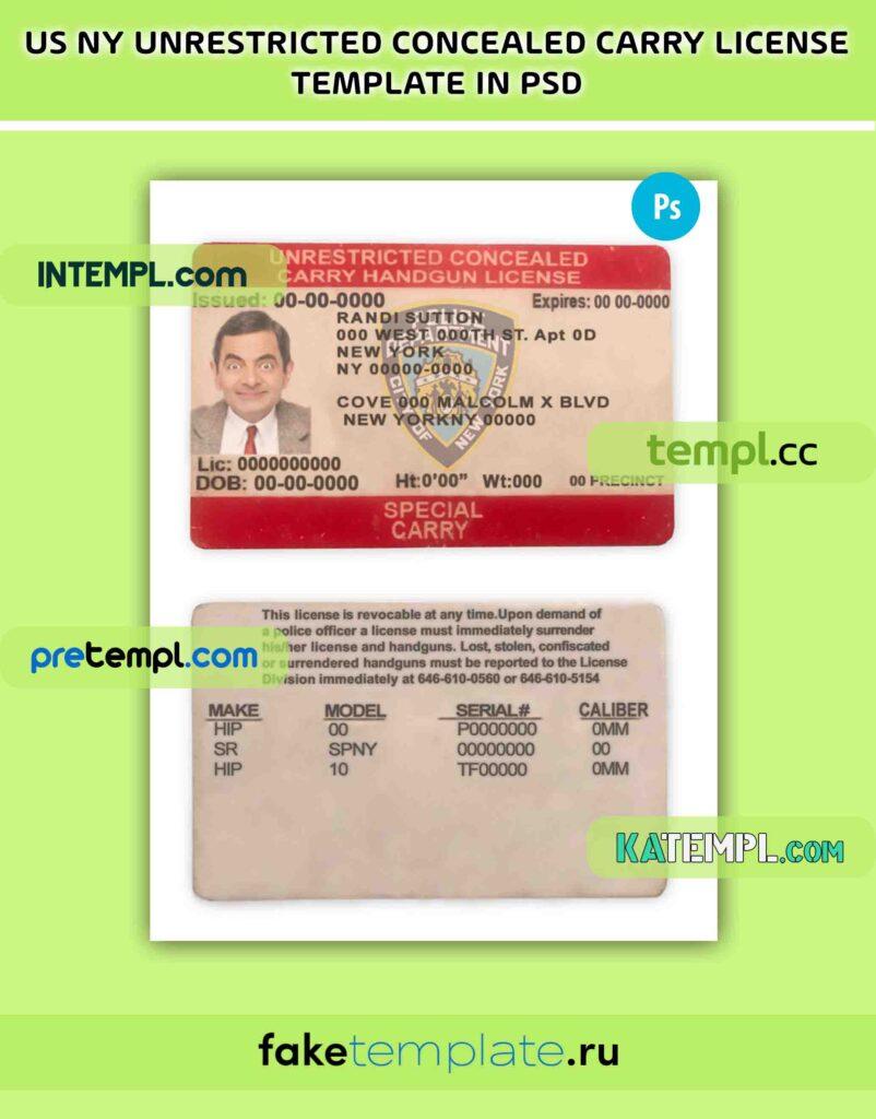 USA New York unrestricted concealed carry license PSD download template ...
