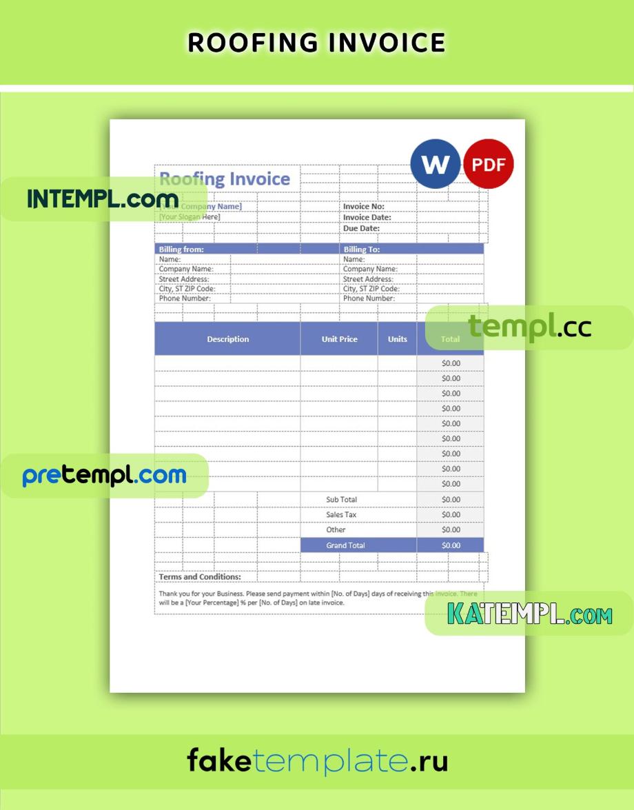 Roofing invoice Word and PDF download template