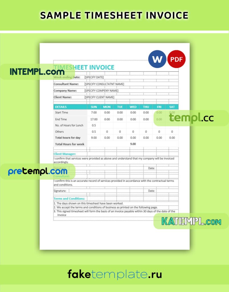 Sample Timesheet Invoice Word and PDF download template