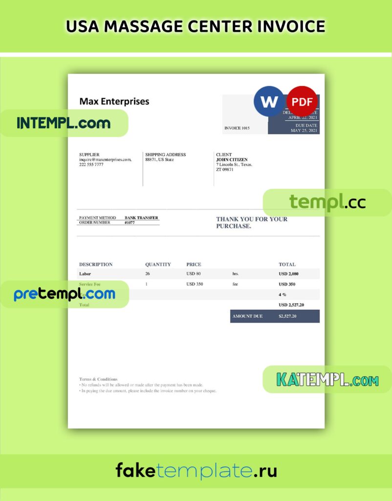 USA massage center invoice Word and PDF download template