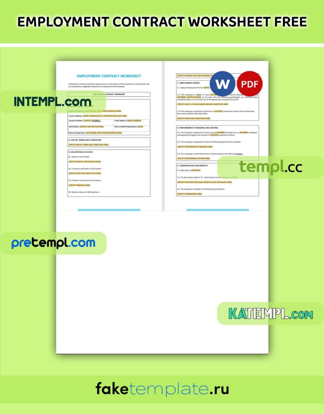 employment contract worksheet, PDF and Word download template